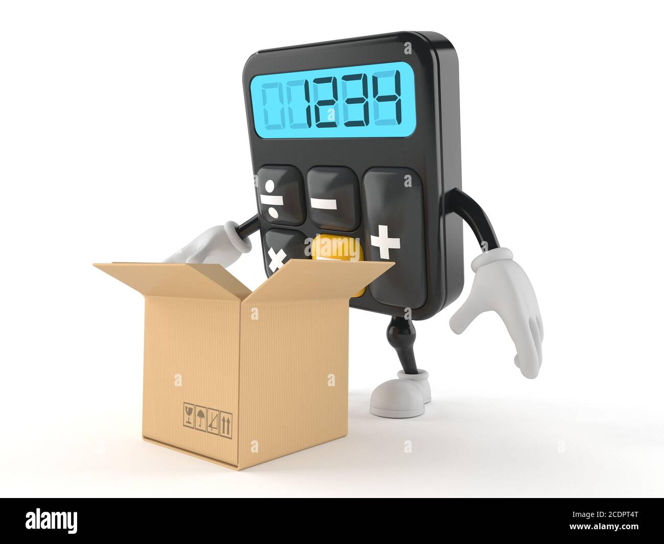 Calculator character with open box isolated on white background Stock ...