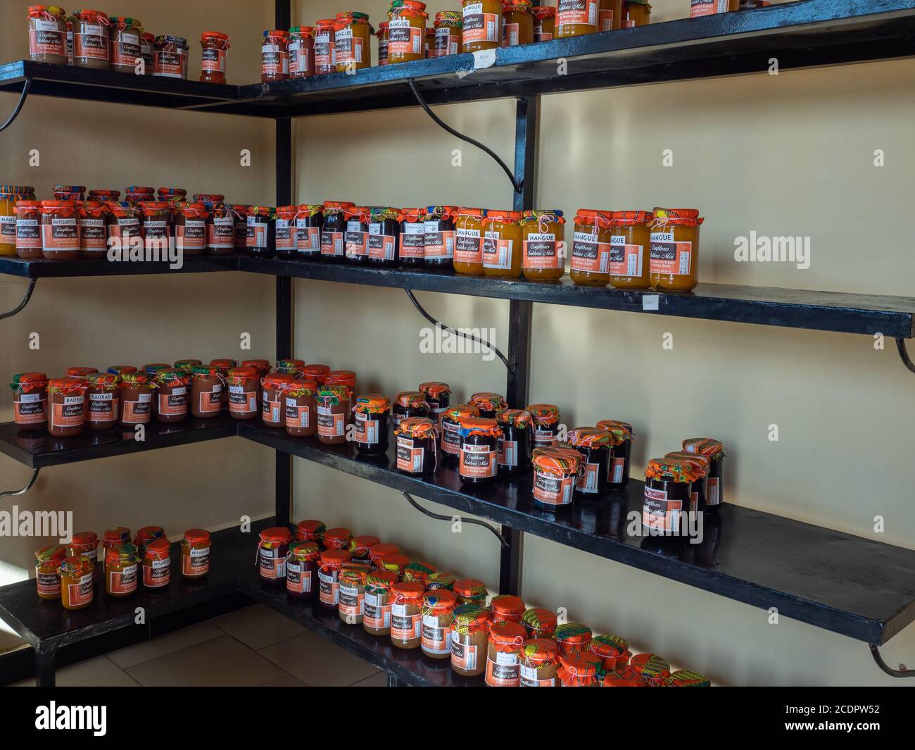 Nianing, Senegal - January, 2019: Various local fruit jams on the ...