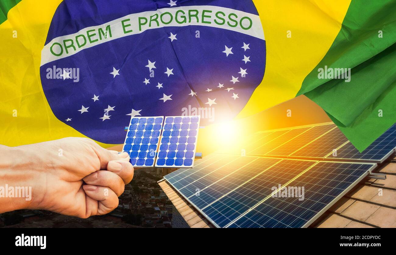 Solar panel Concept Image. Photovoltaic plant with brazilian flag at ...
