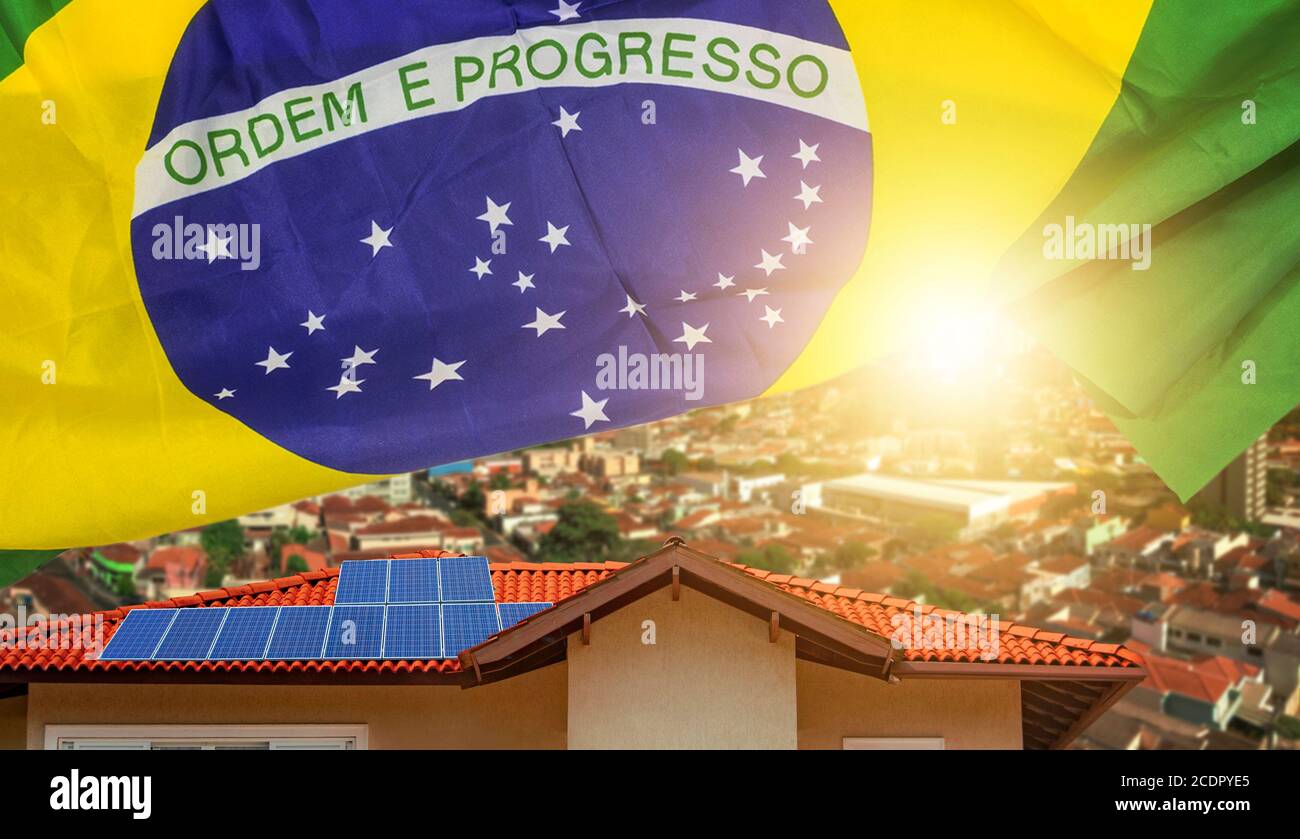 Solar panel Concept Image. Photovoltaic plant with brazilian flag at ...