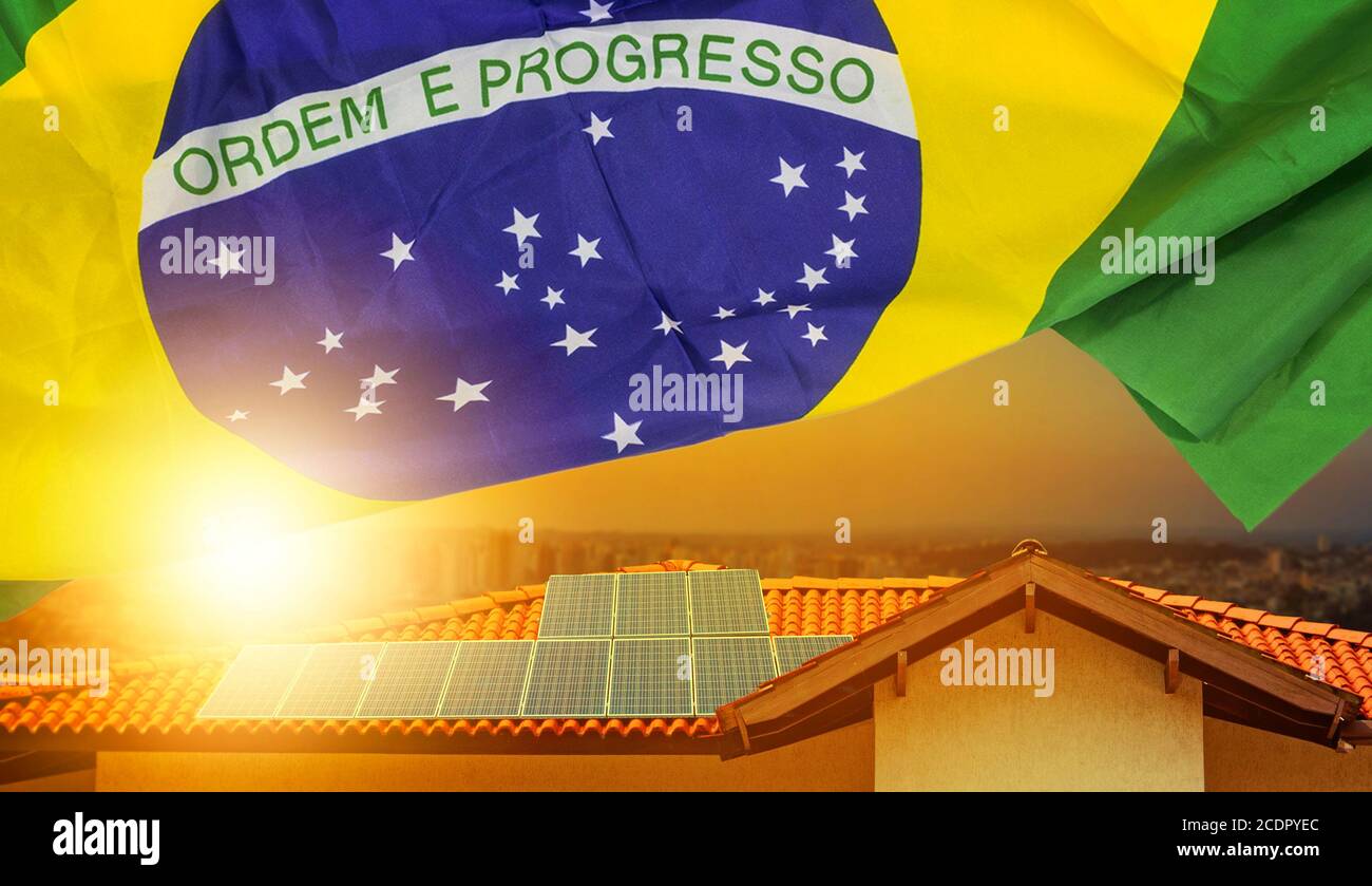 Solar panel Concept Image. Photovoltaic plant with brazilian flag at ...