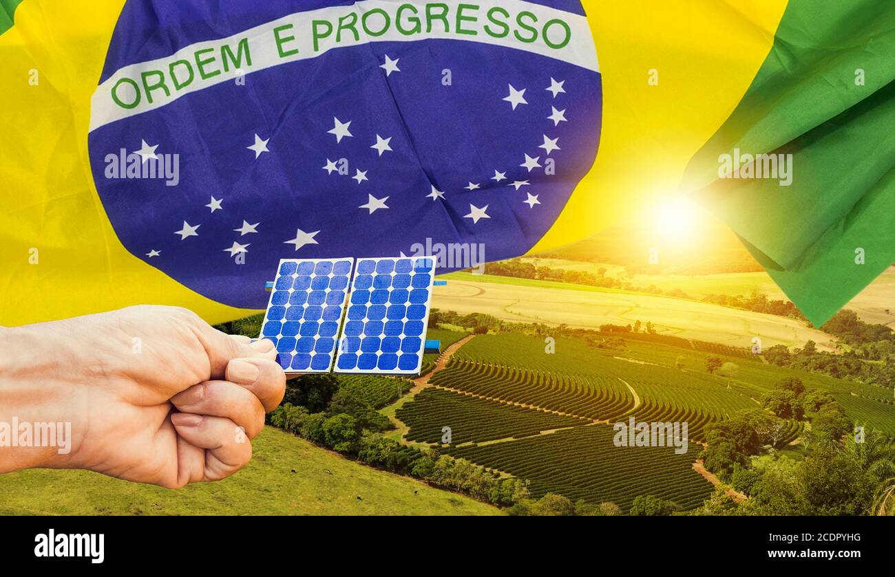 Solar panel Concept Image. Photovoltaic plant with brazilian flag at ...