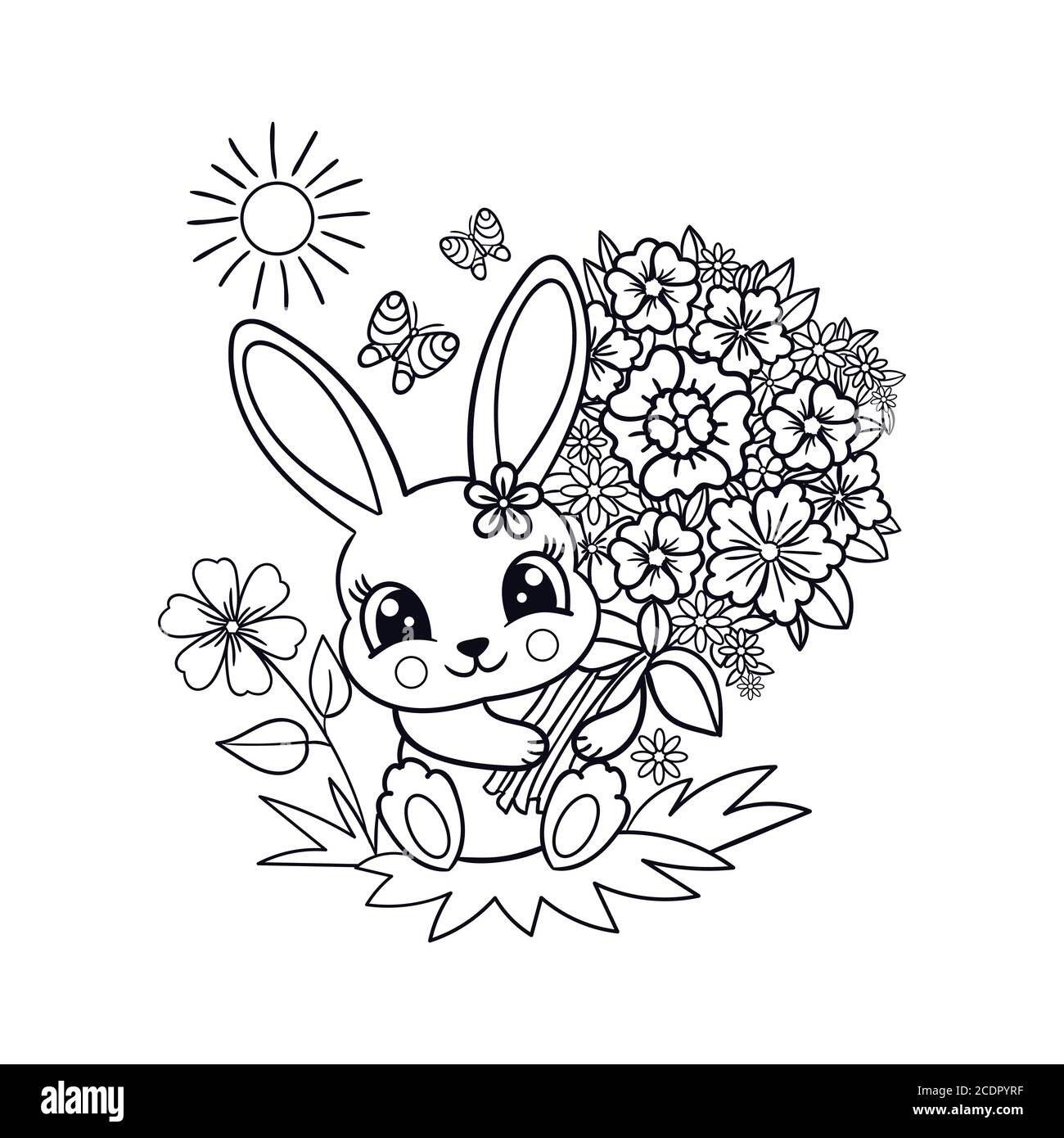 Cute, little rabbit with a bouquet of flowers. Black and white. For ...
