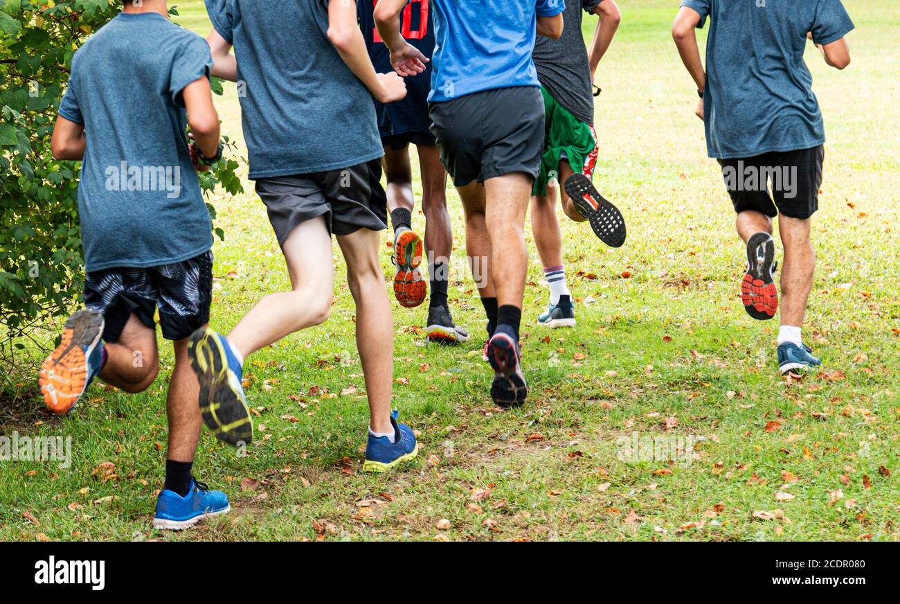 Rear view of a group of high school boys training for cross country ...