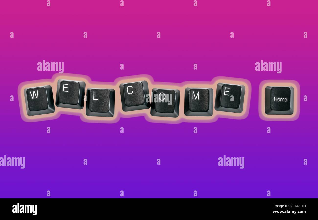 Computer keyboard keys spelling Welcome Home, isolated on a colorful ...