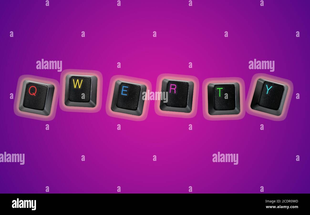 Computer keyboard keys spelling QWERTY, isolated on a purple background ...
