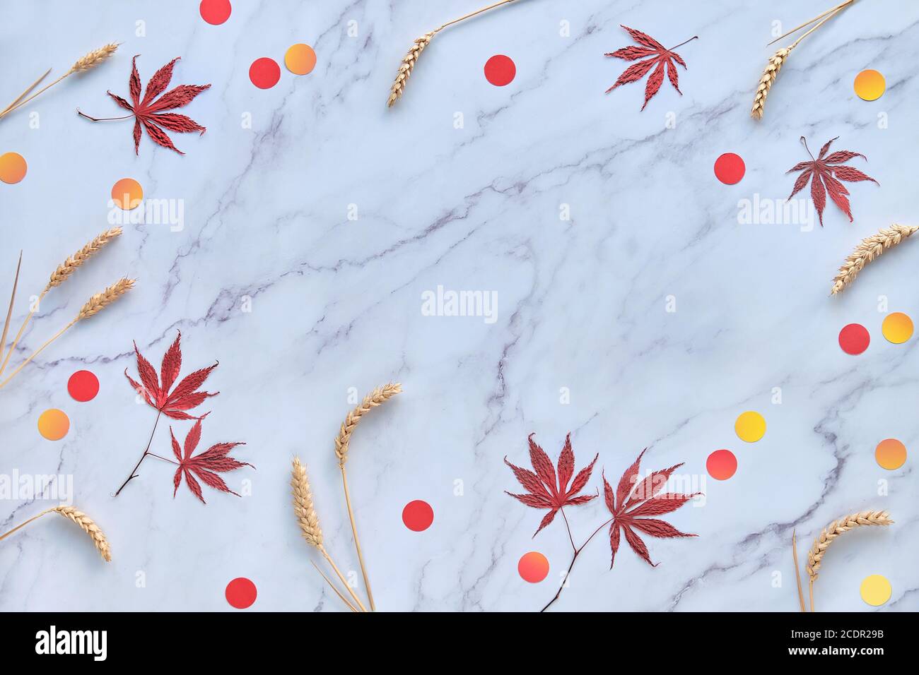 Flat lay on white marble table with copy-space. Abstract Fall seasonal ...