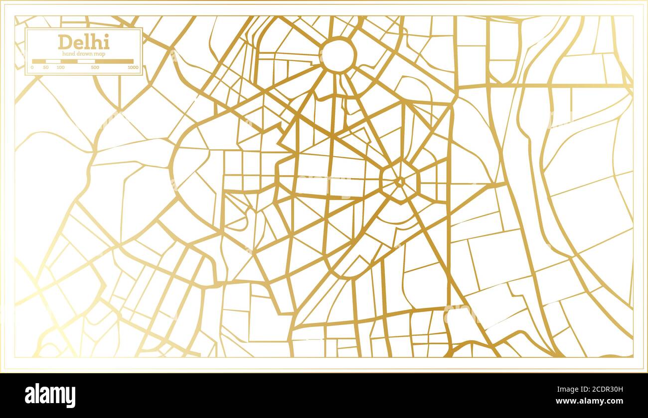 Delhi India City Map in Retro Style in Golden Color. Outline Map ...