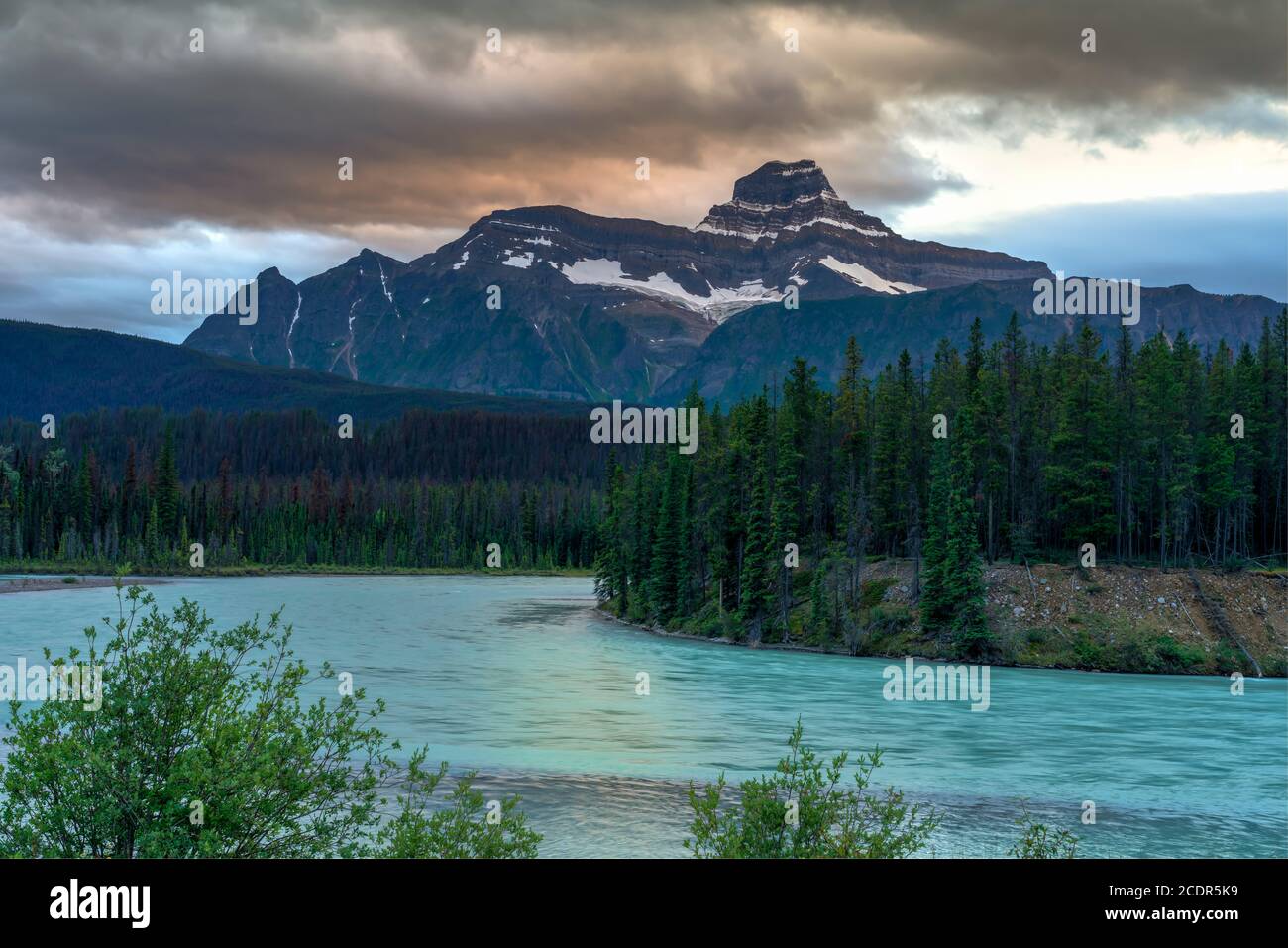 The Athabaska River along the Icefields Parkway at sunet, Alberta ...