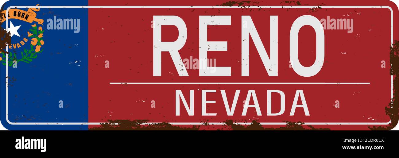 red Vintage tin sign Reno. Retro souvenirs or old postcard template on ...