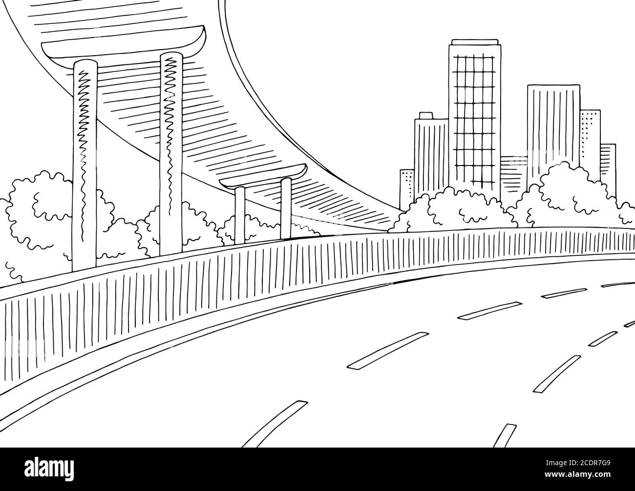 Overpass road graphic black white city landscape sketch illustration ...