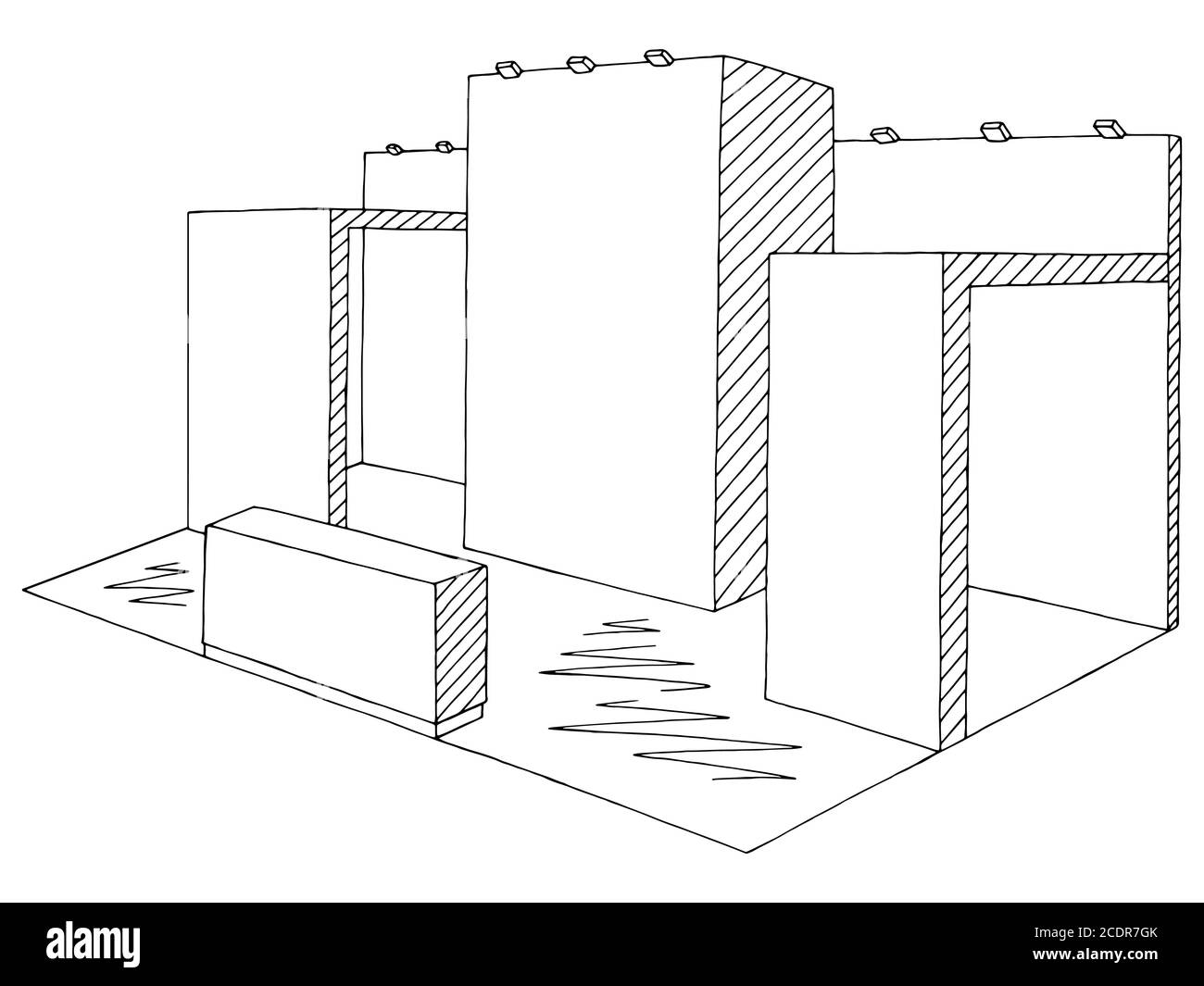 Exhibition stand graphic interior black white sketch illustration ...