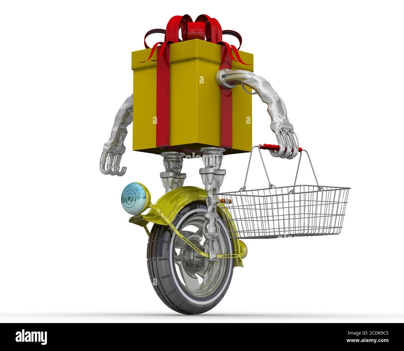 Yellow gift box in the form of a robot on a wheel with a shopping ...