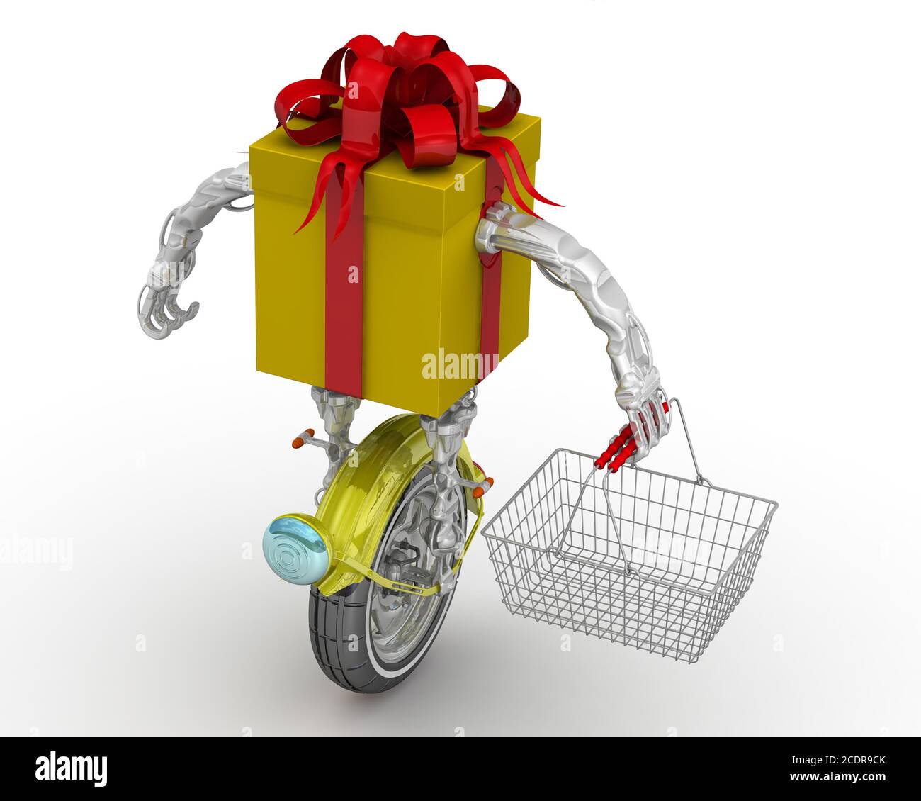 Yellow gift box in the form of a robot on a wheel with a shopping ...