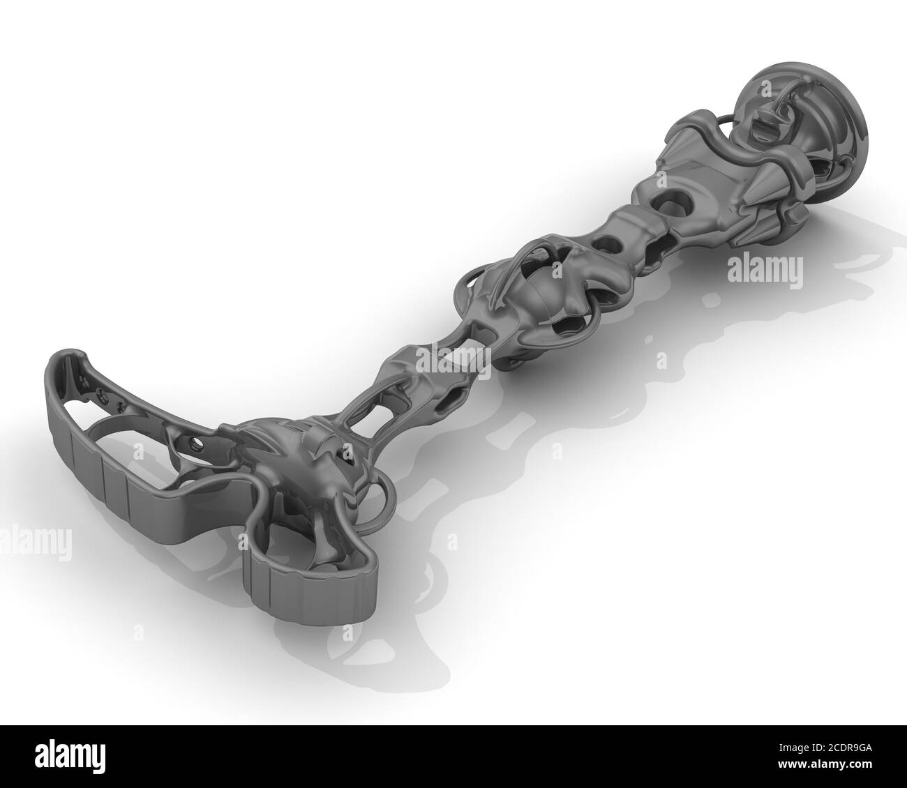 Human foot prosthesis. A prosthetic human foot lies on a white surface ...