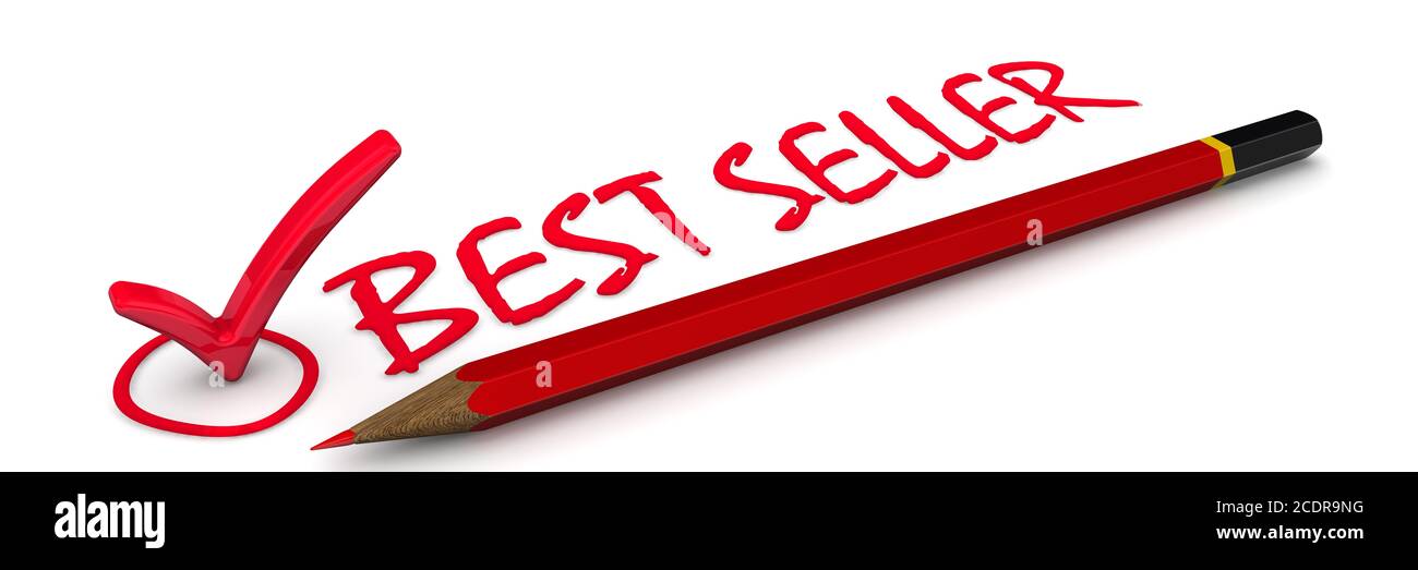 Best seller. The check mark. Rating BEST SELLER. Red pencil and mark on ...