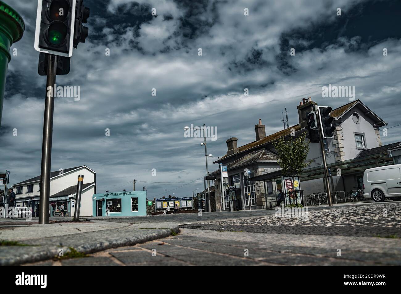 Visiting Greystones. The square of railway station and bus stop, co ...