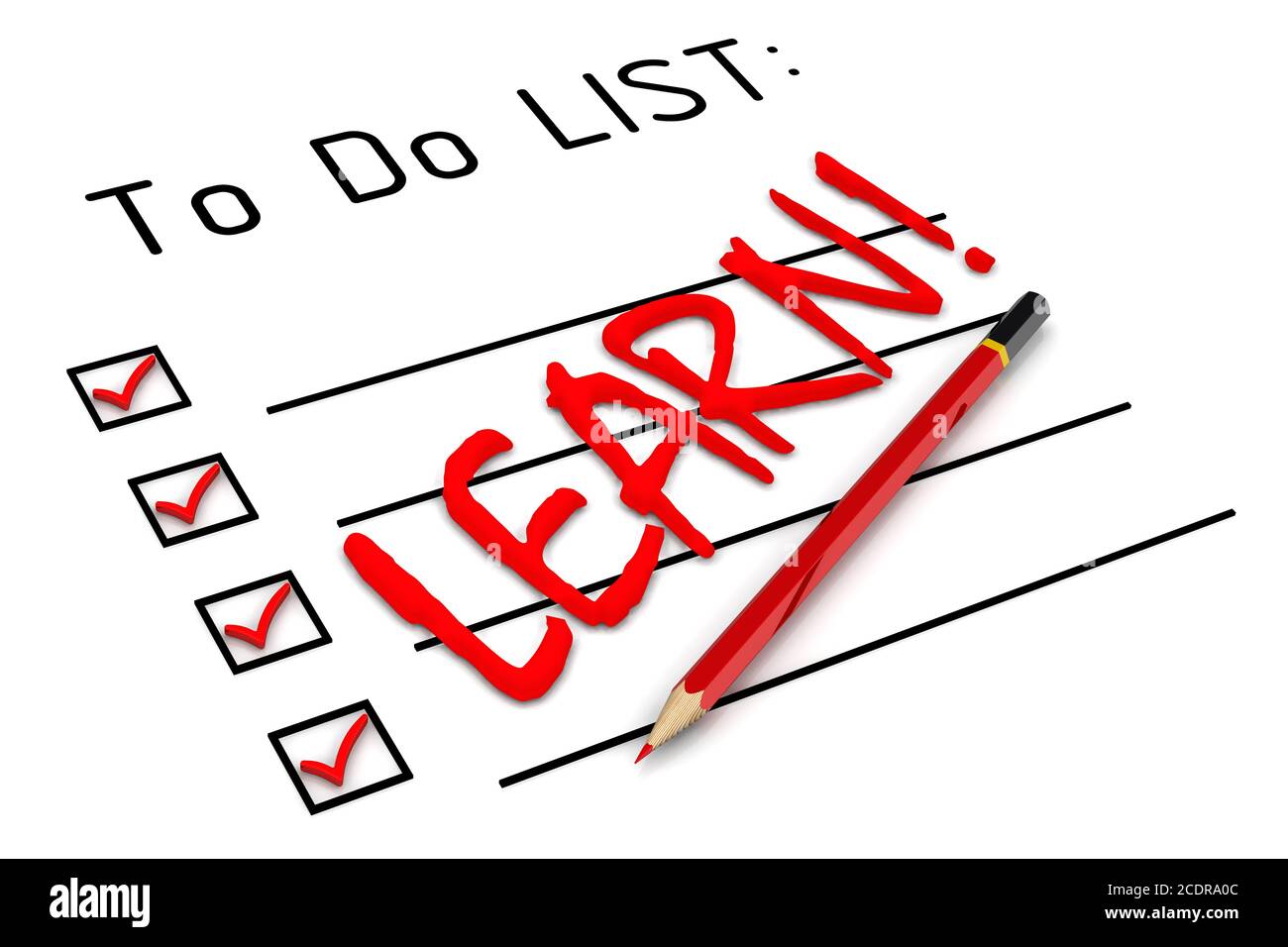 Learn! The to do list. Red pencil and a large inscription "LEARN!" in ...