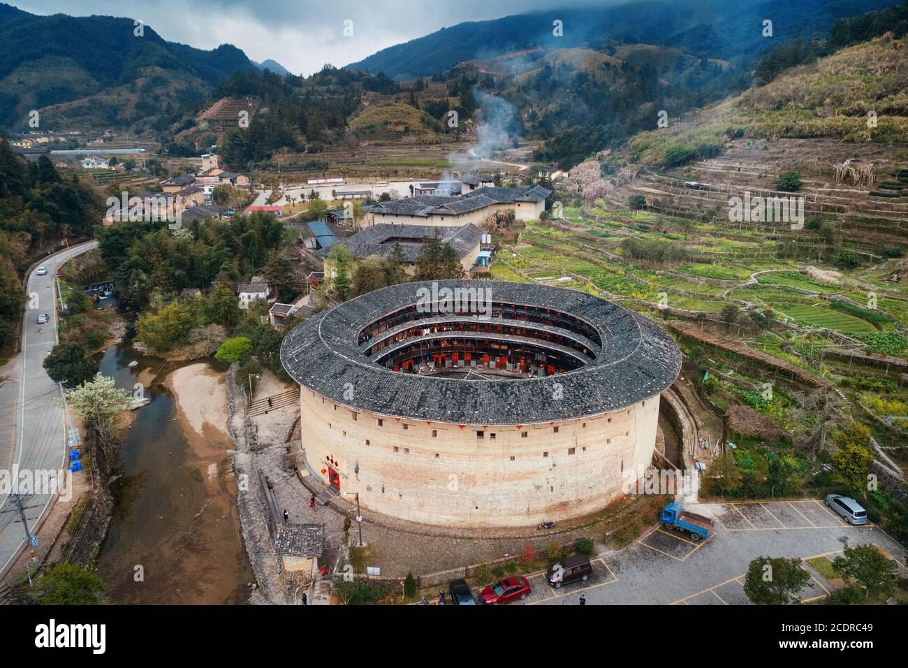 Aerial view of Tulou, the unique dwellings of Hakka in Fujian, China ...