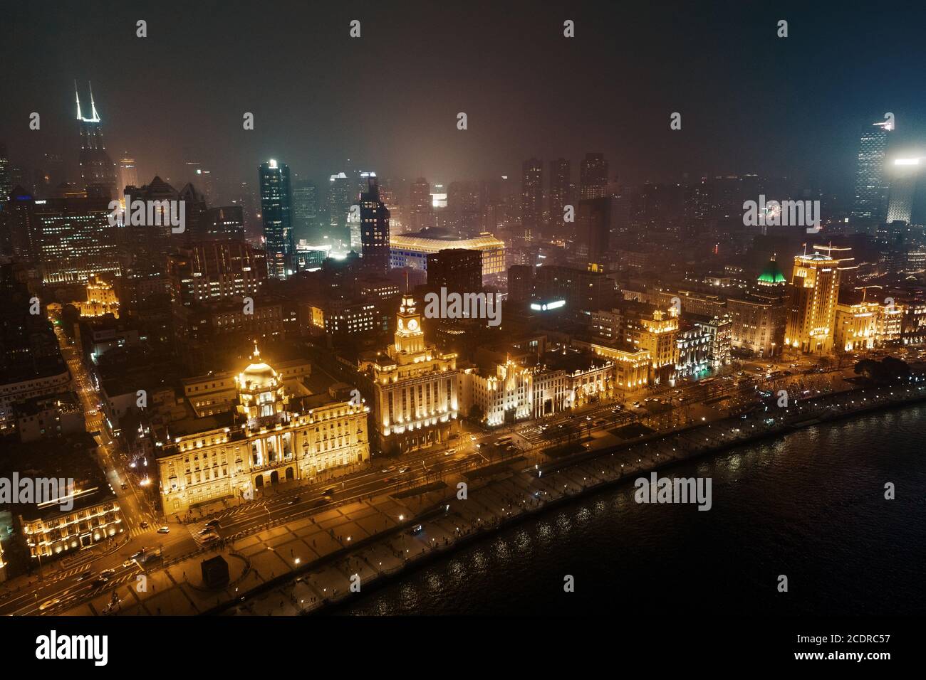 Shanghai bund aerial night view from above with city skyline and ...