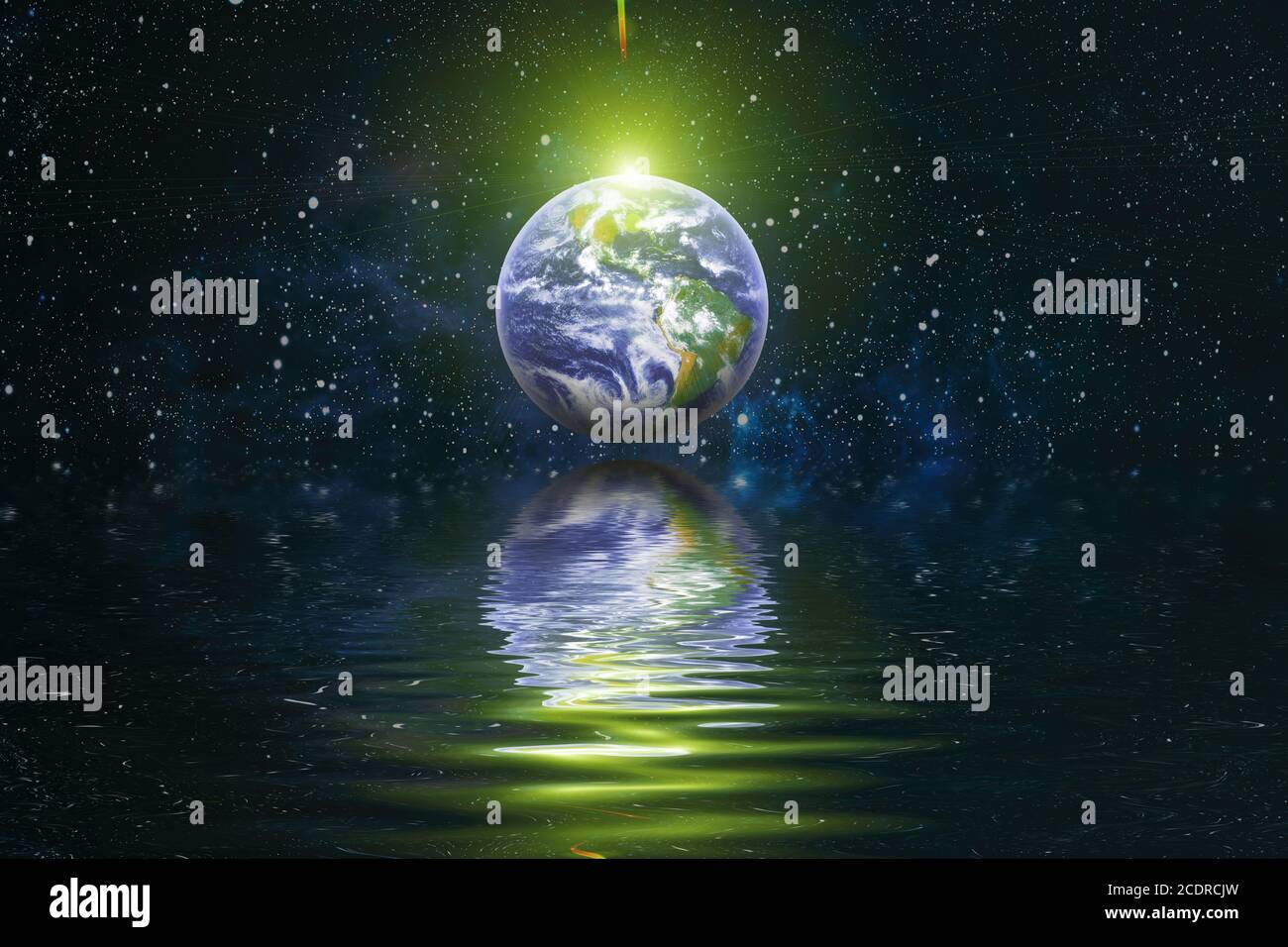 Beautiful unusual space planet in space reflected in water. Our ...