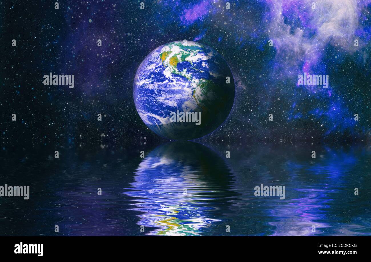 Beautiful unusual space planet in space reflected in water. Our ...