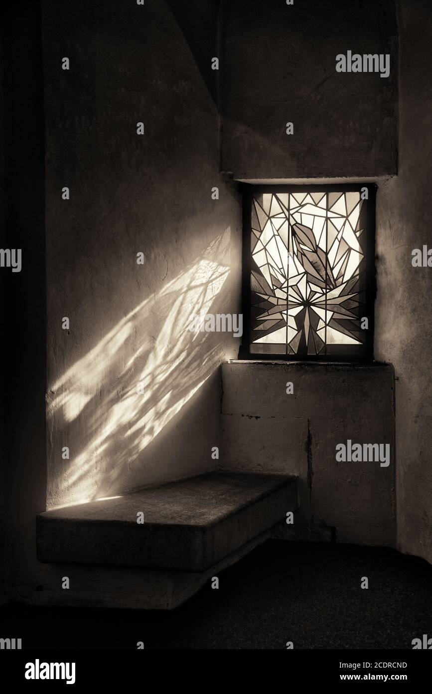 Colorful window with stain glass and sunray in Prague Czech Republic ...