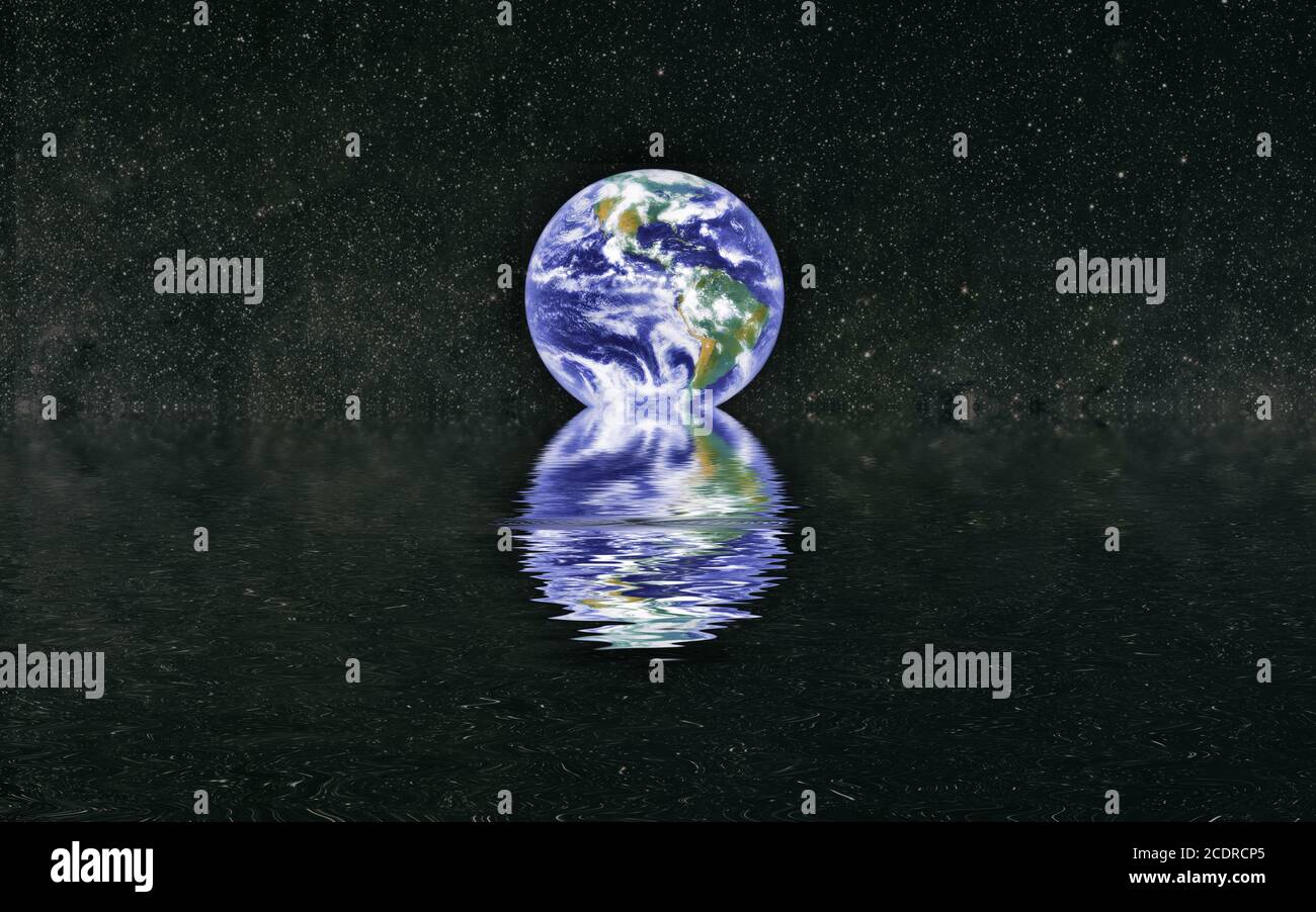 Beautiful unusual space planet in space reflected in water. Our ...