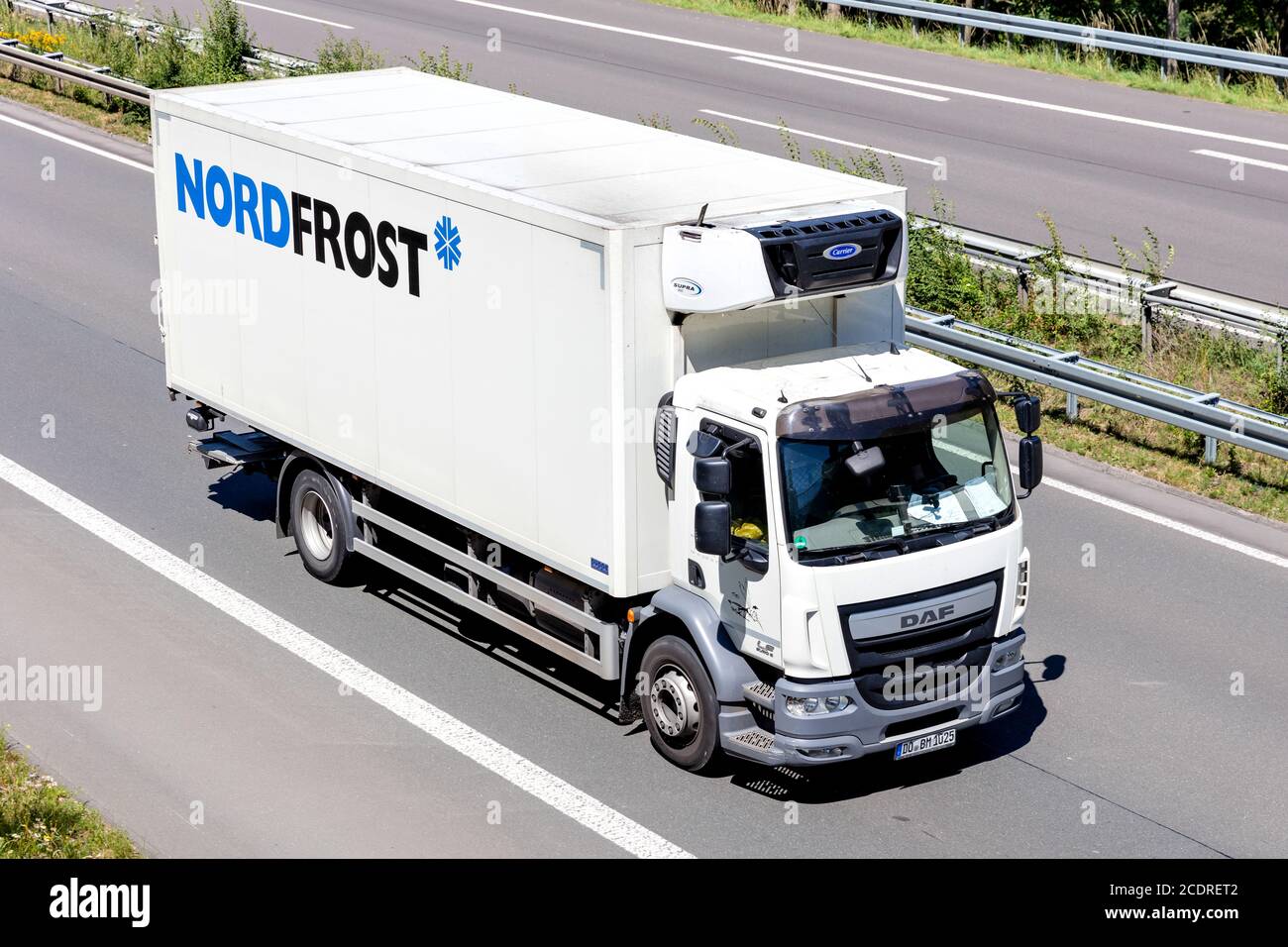 Nordfrost temperature controlled DAF LF truck on motorway Stock Photo ...