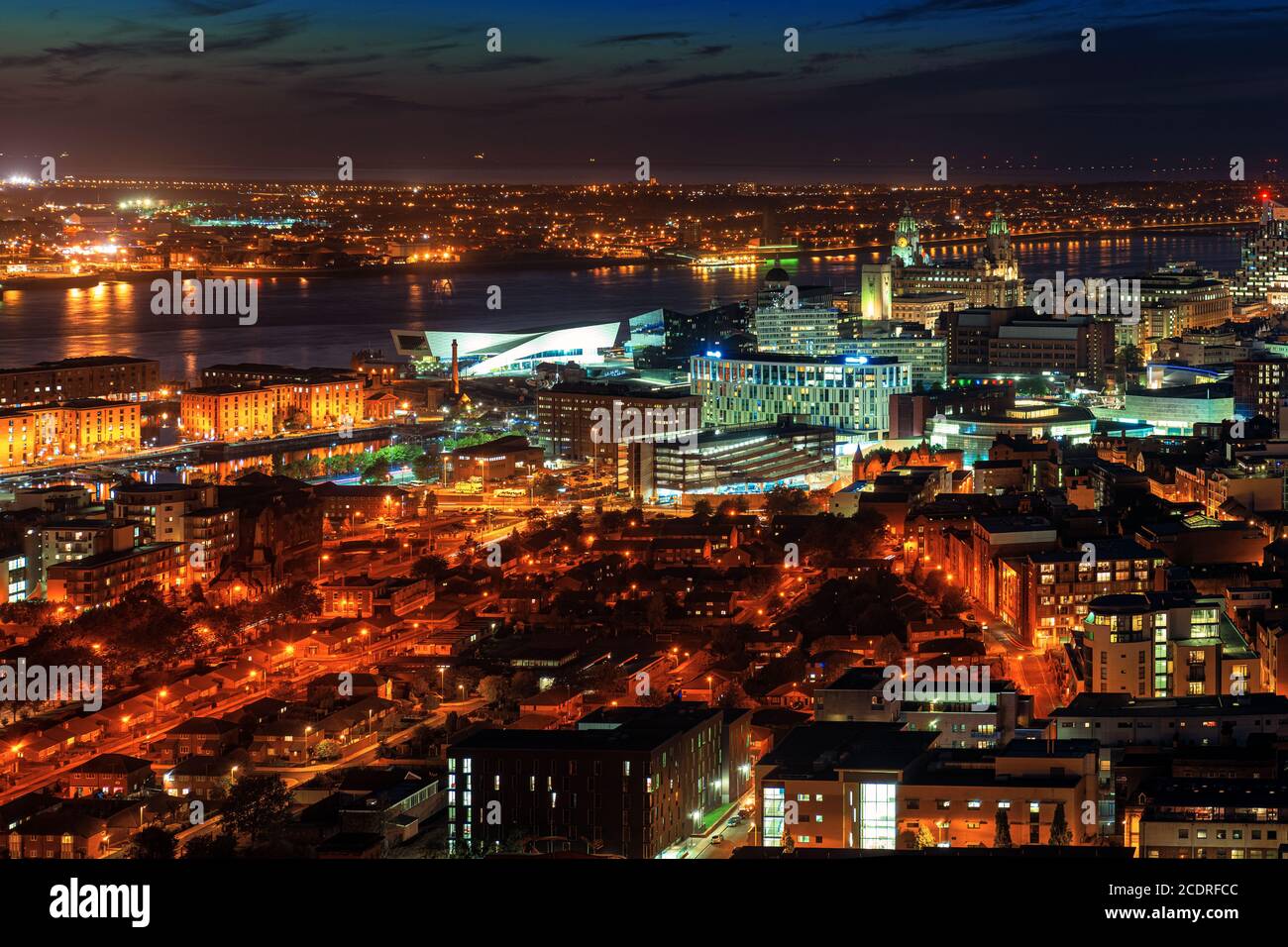 Liverpool skyline rooftop view at night with buildings in England in ...