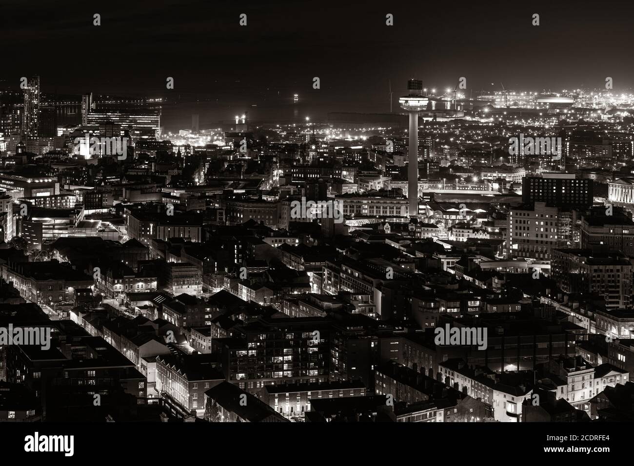 Liverpool skyline rooftop view at night with buildings in England in ...