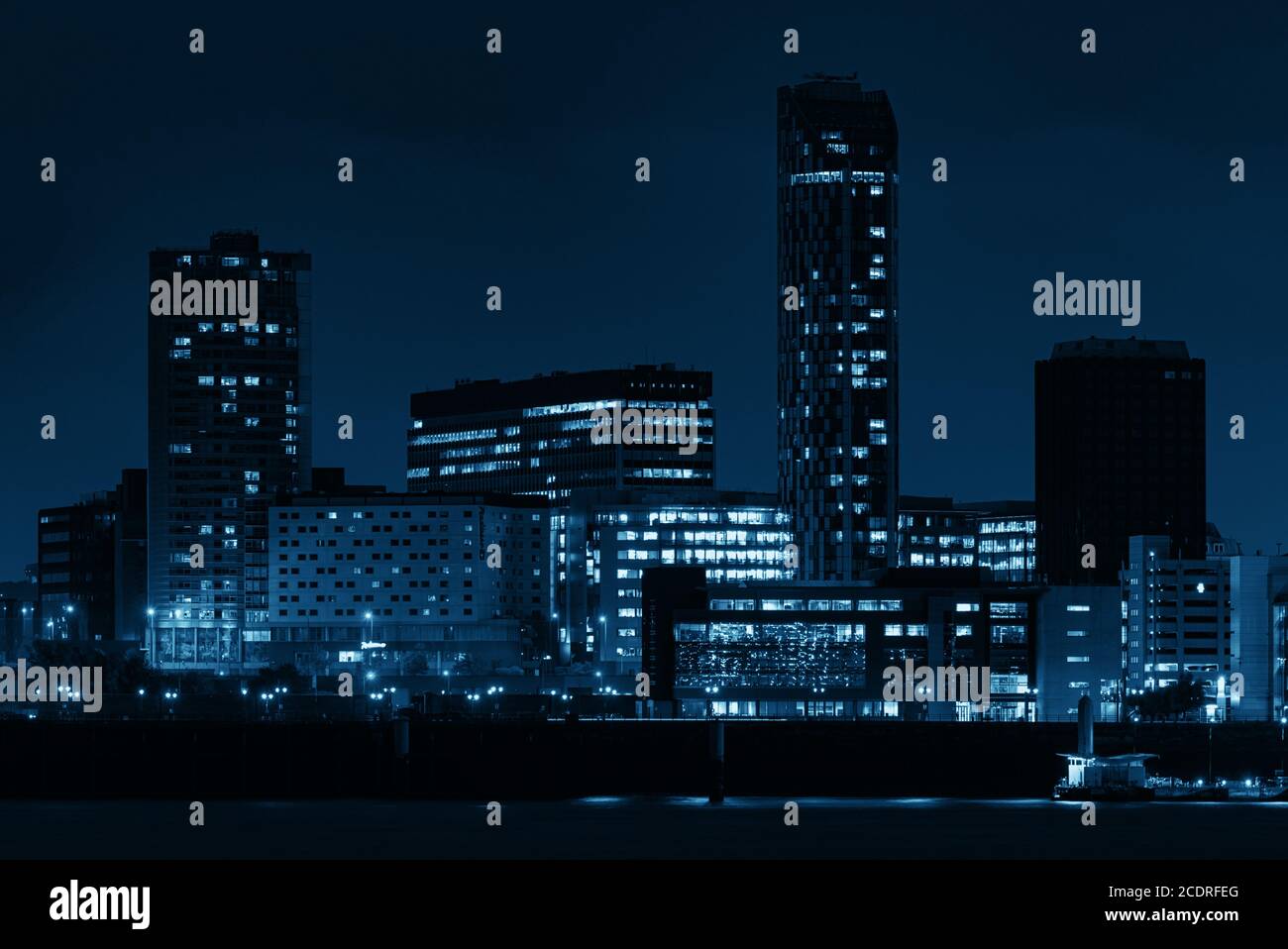 Liverpool skyline cityscape at night with buildings in England in ...