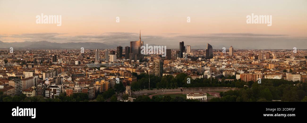 Milan city skyline panorama viewed from above at sunset in Italy Stock ...