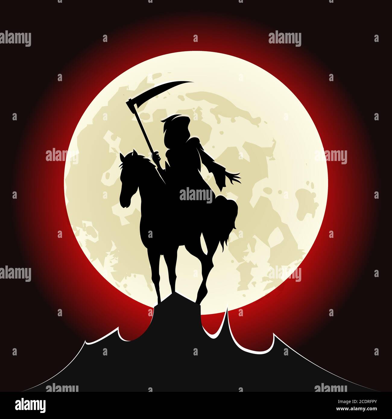 Silhouette of grim Reaper ride a horse on mountain peak against bloody ...