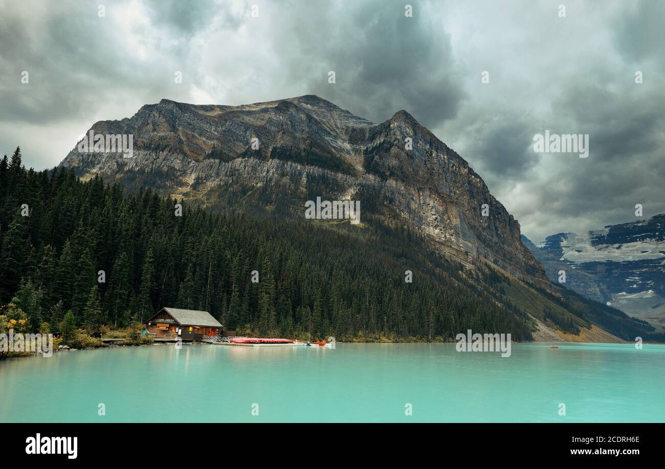 Lake Louise in Banff national park with mountains and forest in Canada ...