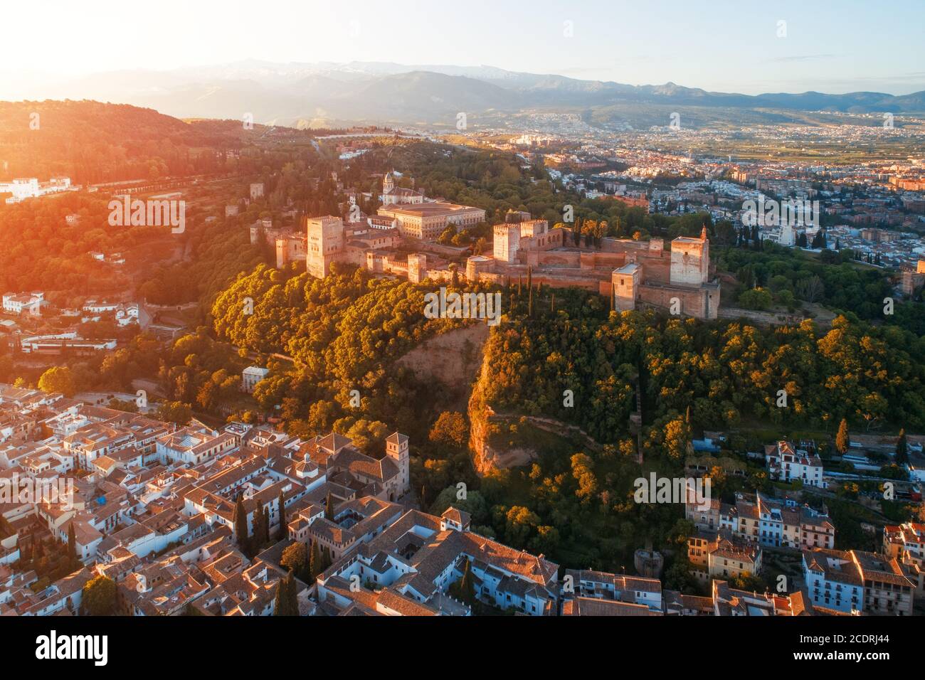 Alhambra aerial view at sunrise with historical buildings in Granada ...