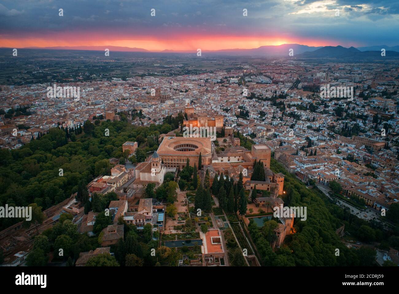 Alhambra aerial view at sunrise with historical buildings in Granada ...