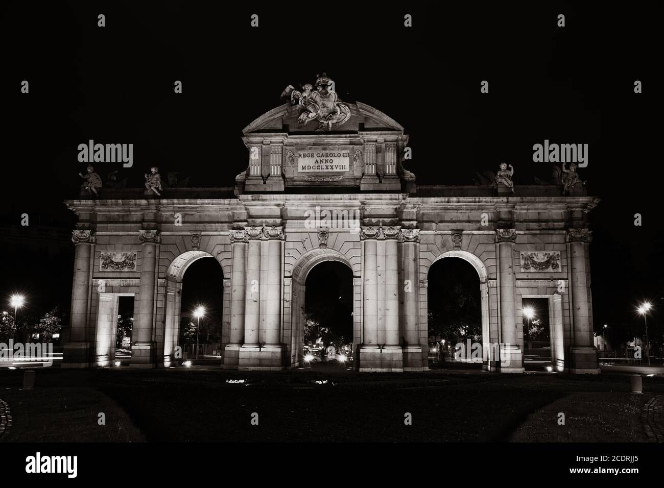 Puerta de Alcala or Alcala Gate at night closeup view in Madrid Spain ...