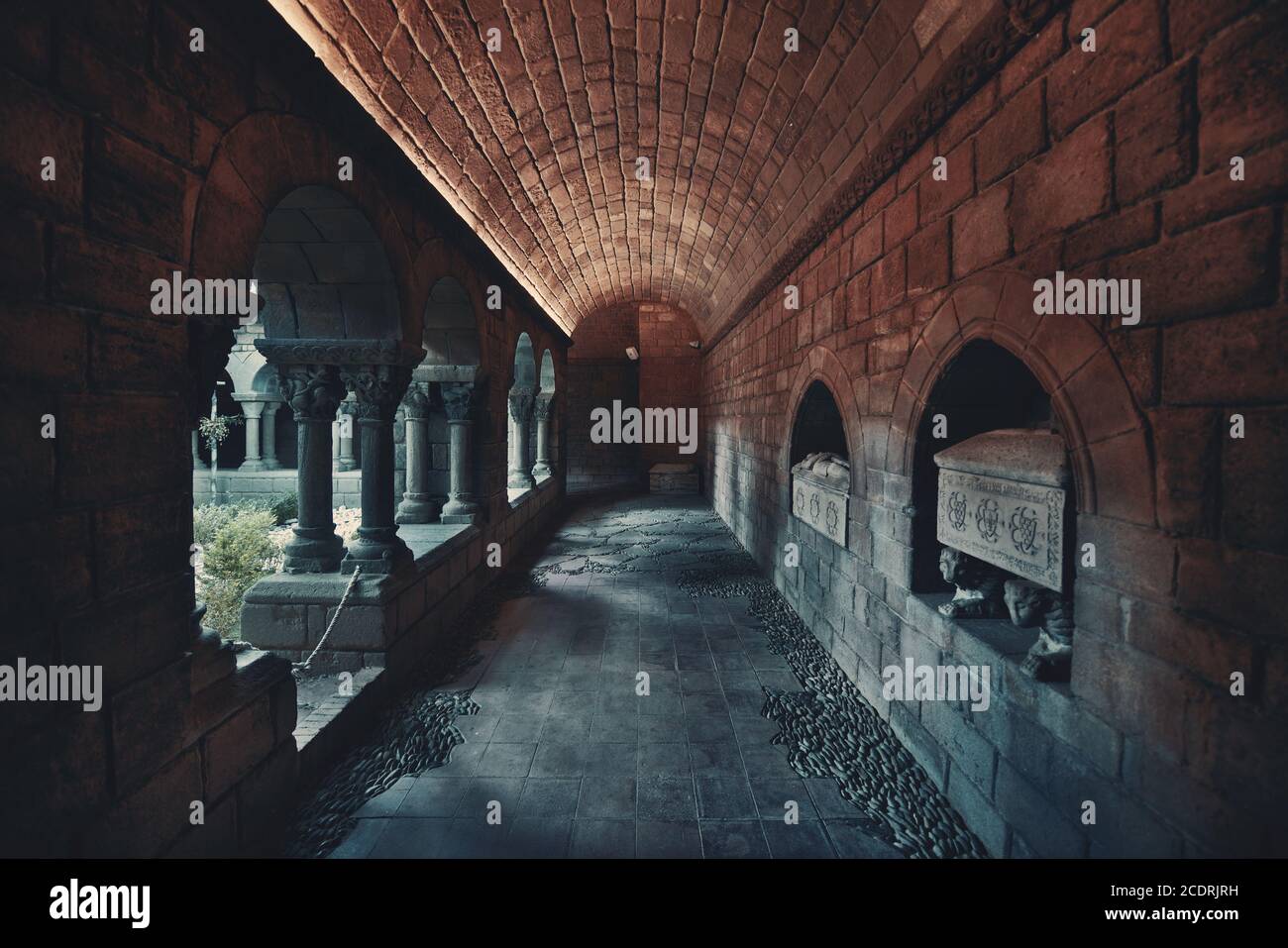 Hallway in Romanesque monastery in village in Pueblo Espanol Barcelona ...