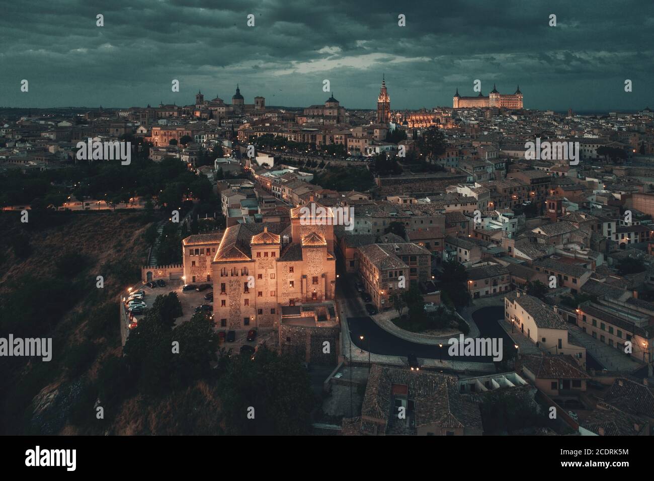 Aerial view of Toledo town skyline with historical buildings at night ...