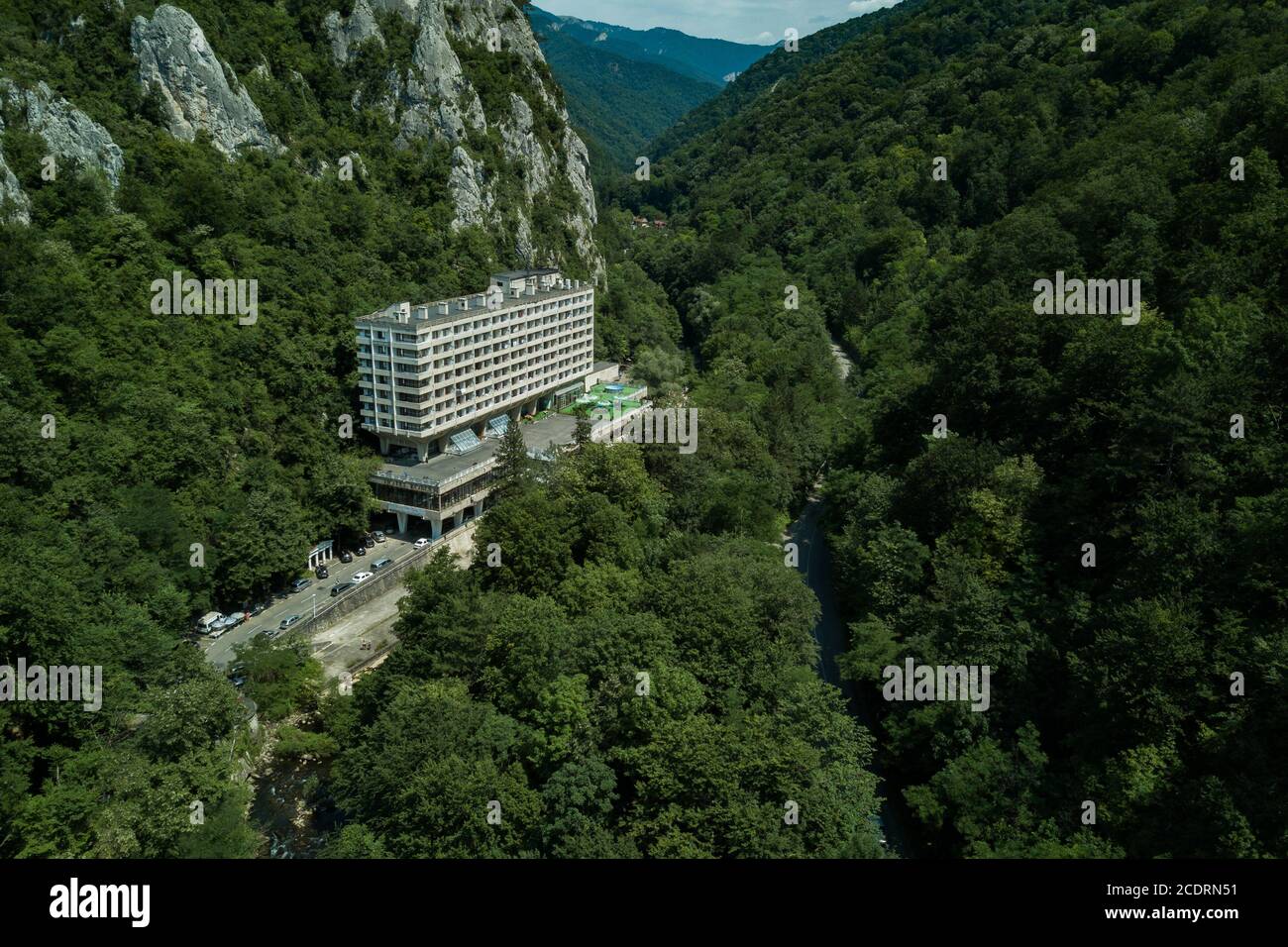 An aerial view of Hotel Roman, nestled in the Cerna River valley by the ...