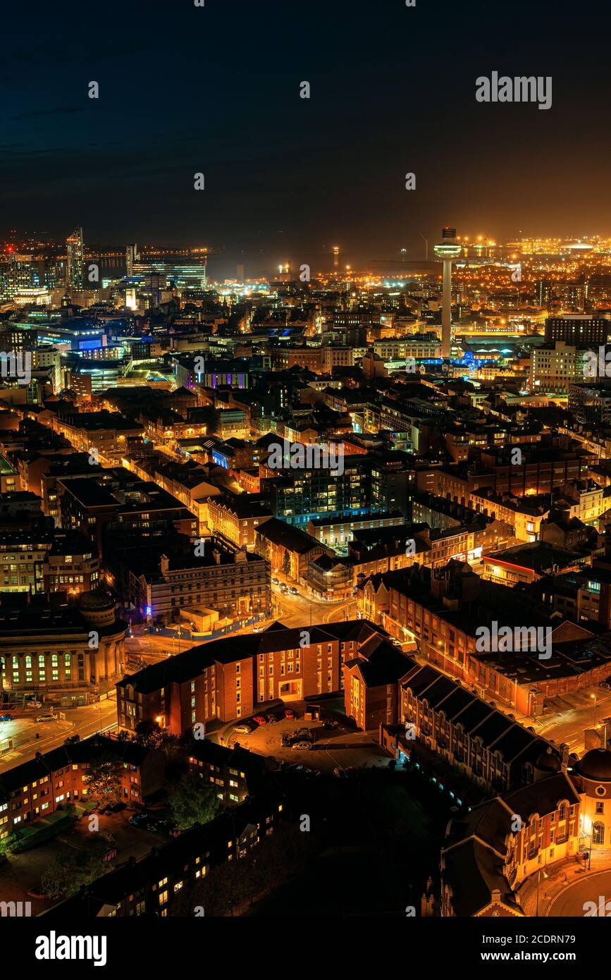Liverpool skyline rooftop view at night with buildings in England in ...