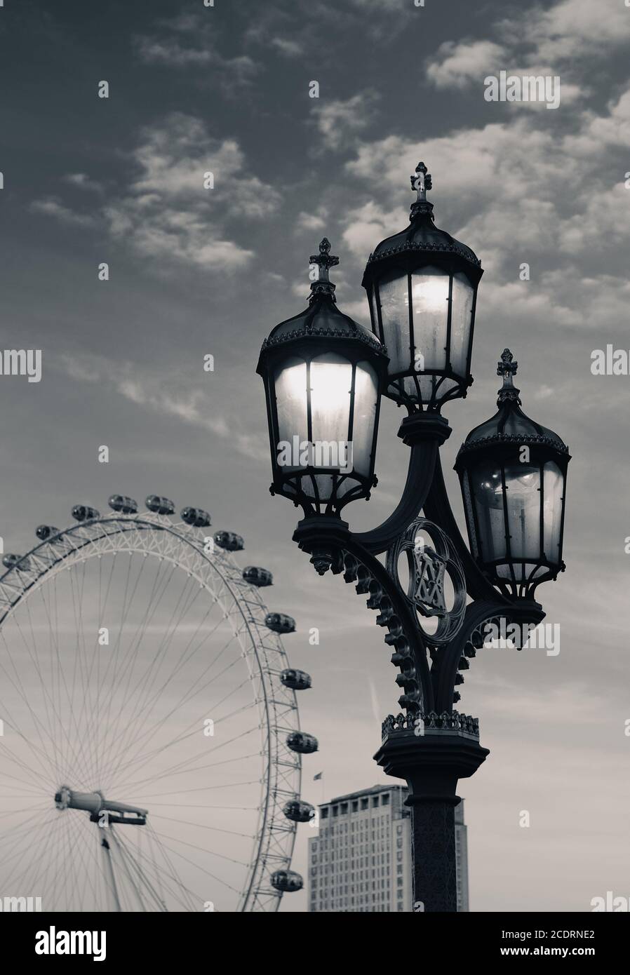 Vintage lamp post on Westminster Bridge in London in black and white ...