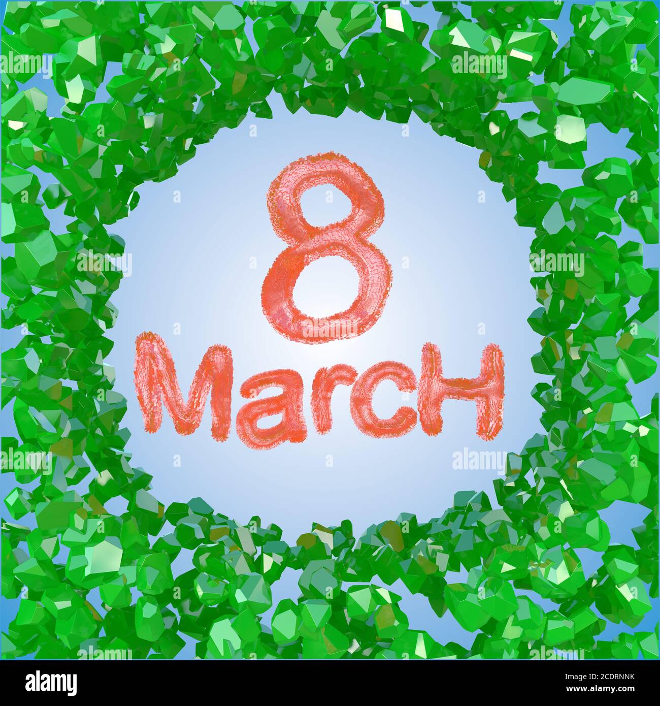 8 March red symbol flying in the space and round by frame made of green ...