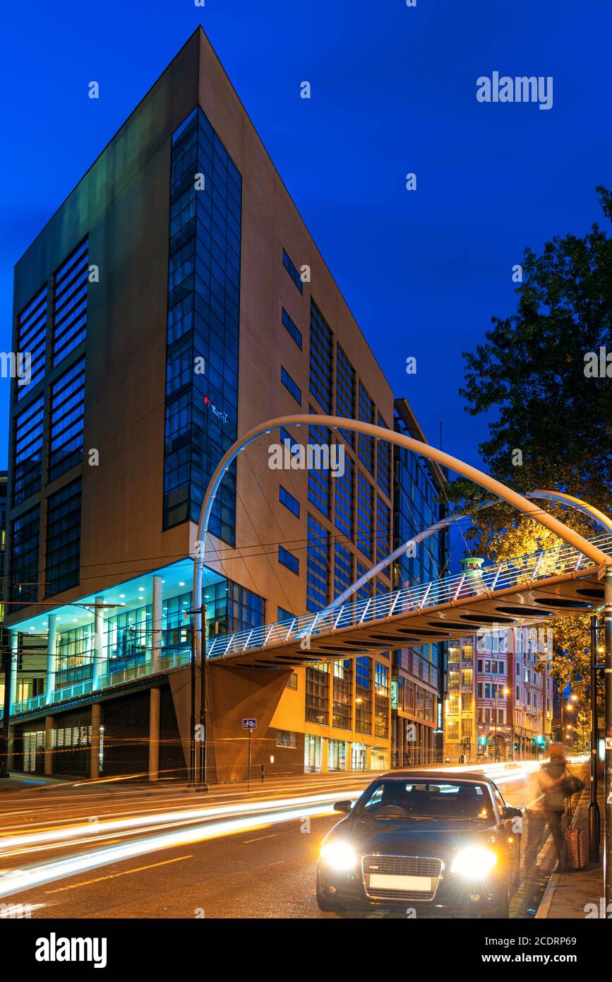 Manchester city urban street view at night with architecture in England ...