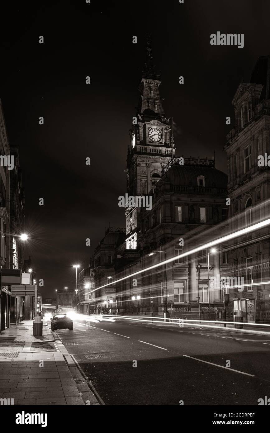 Liverpool cityscape with street view with historical building at night ...