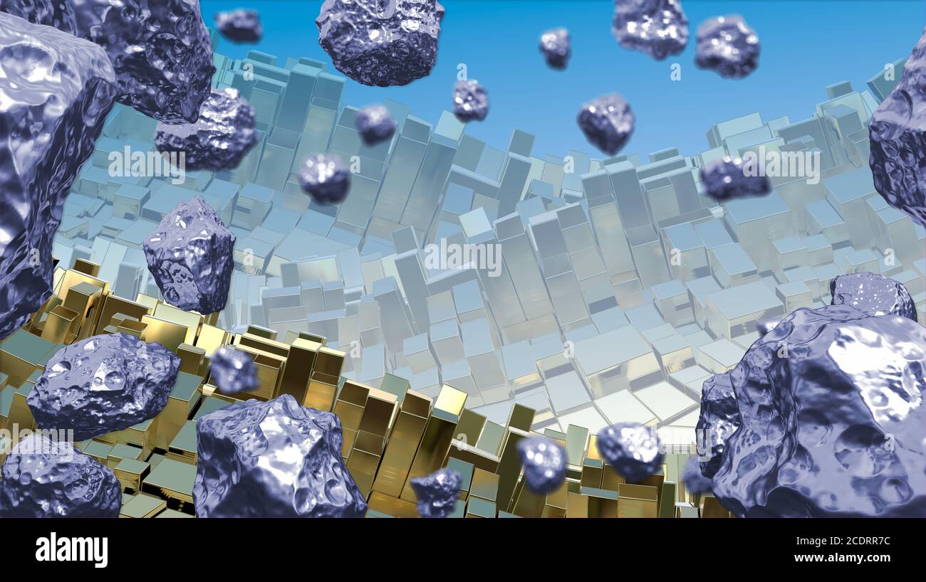 Abstract golden frame made of cubes background in yellow tone and blue ...