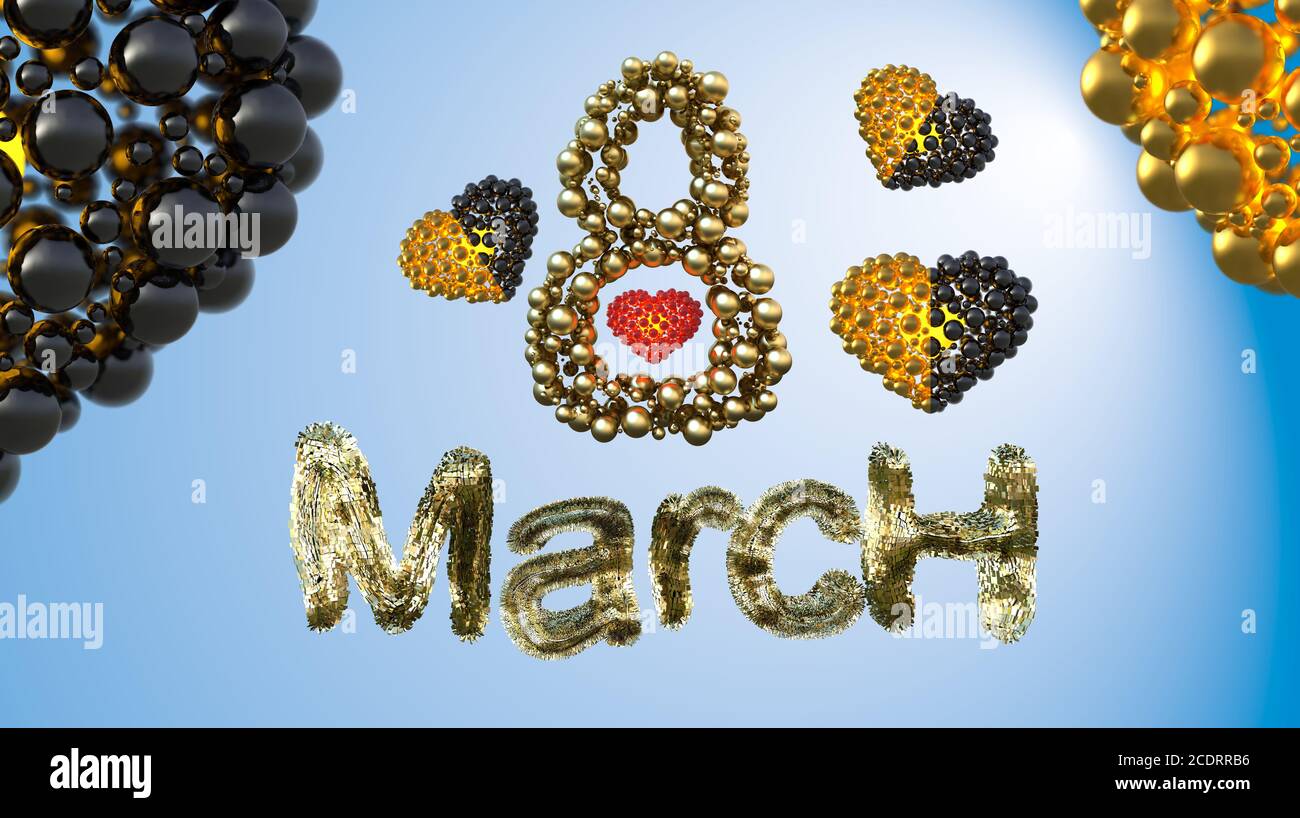 8 March symbol. Figure eight made of spheres and fur flying in the air ...