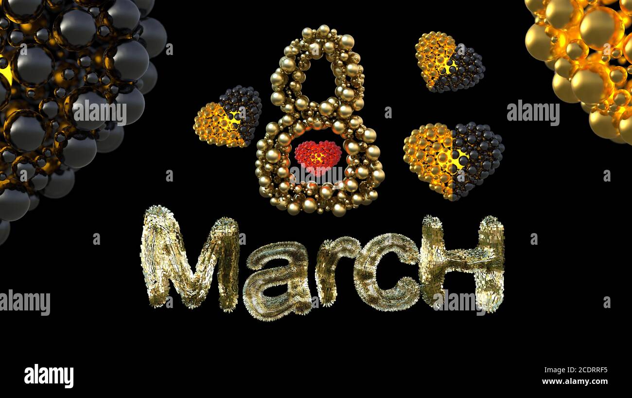 8 March symbol. Figure eight made of spheres and fur flying in the air ...