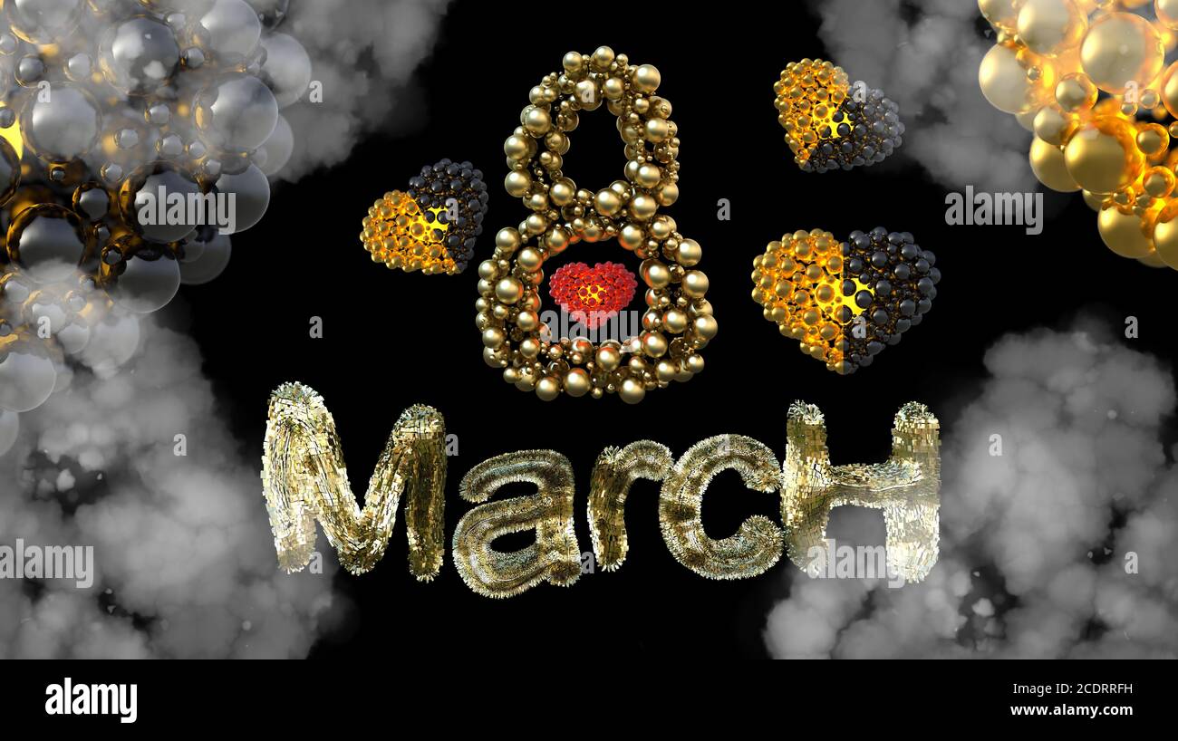 8 March symbol. Figure eight made of spheres and fur flying in the air ...
